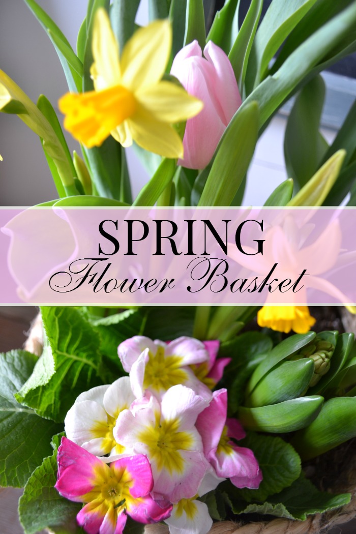 Spring Flowers tucked into a wicker basket make the perfect centrepiece!